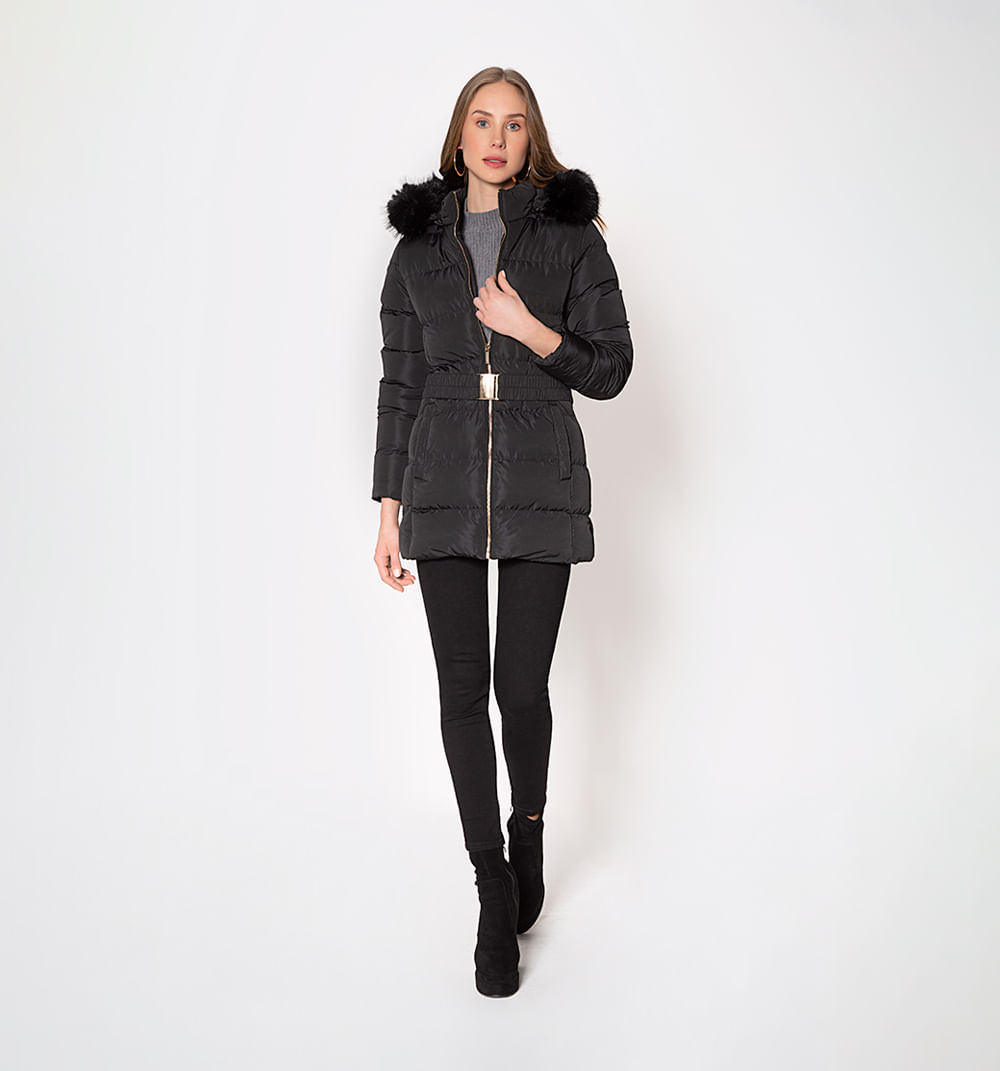 Chamarra Acolchada Con Cinturon Y Capuch